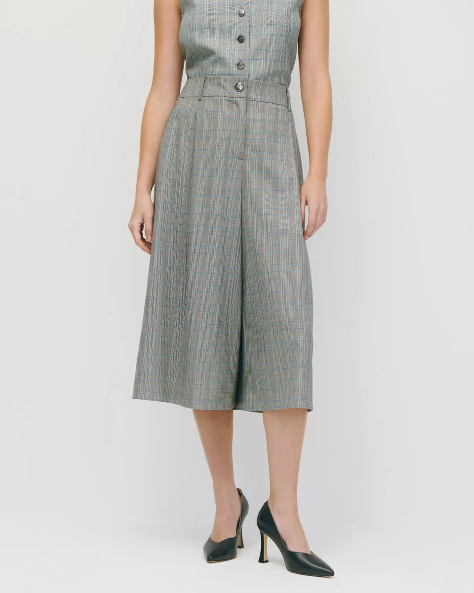 Pantalón Culotte Tiro Alto Cuadro Príncipe De Gales Verde Pistache | JULIO